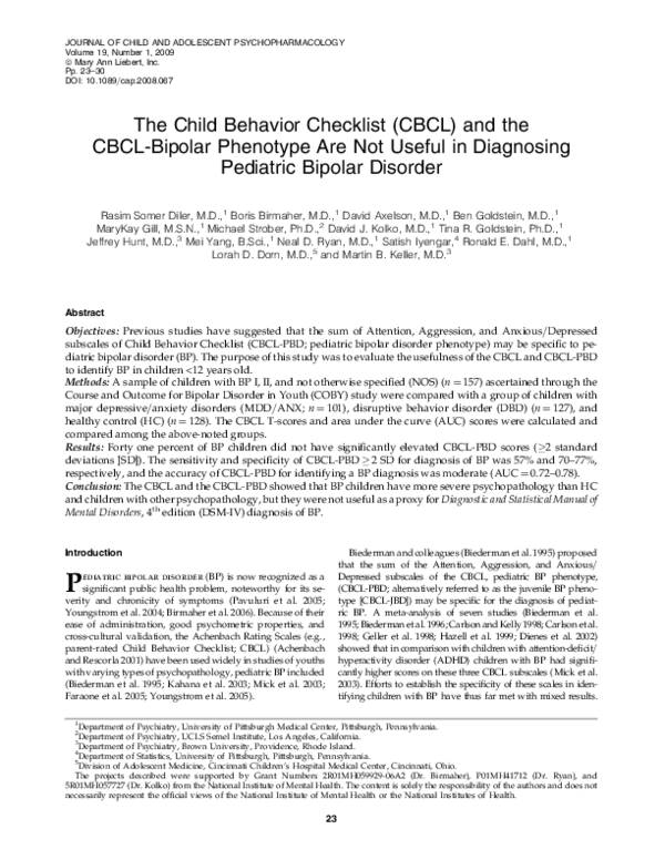 (PDF) The Child Behavior Checklist (CBCL) and the CBCL-Bipolar Phenotype Are Not Useful in ...