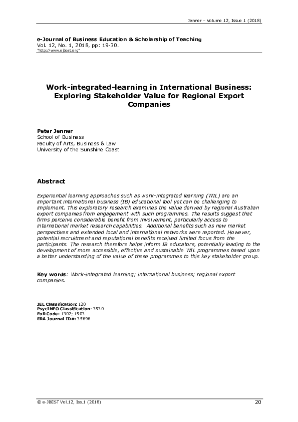 (PDF) Work-Integrated-Learning in International Business: Exploring Stakeholder Value for ...