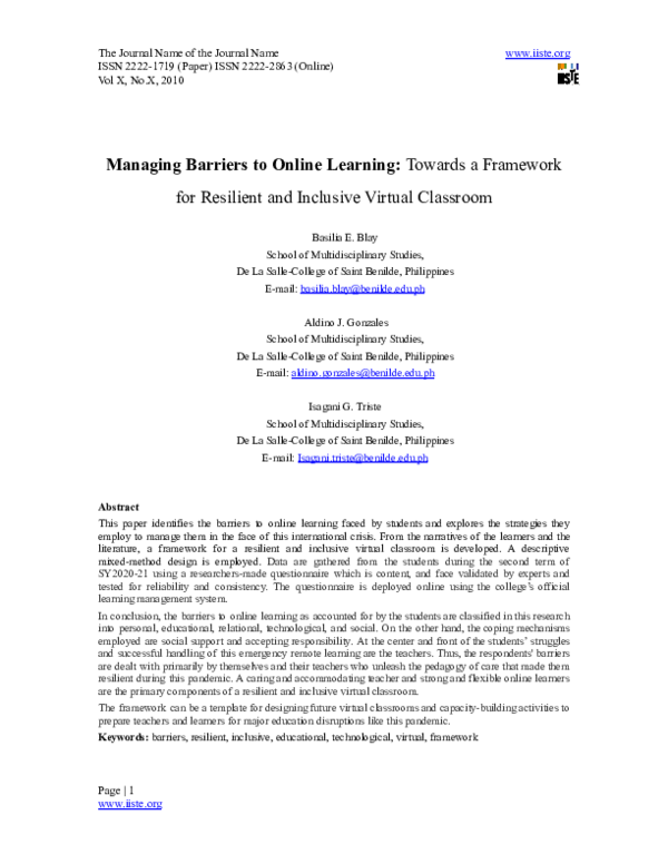 (PDF) Managing Barriers to Online Learning: Towards a Framework for ...