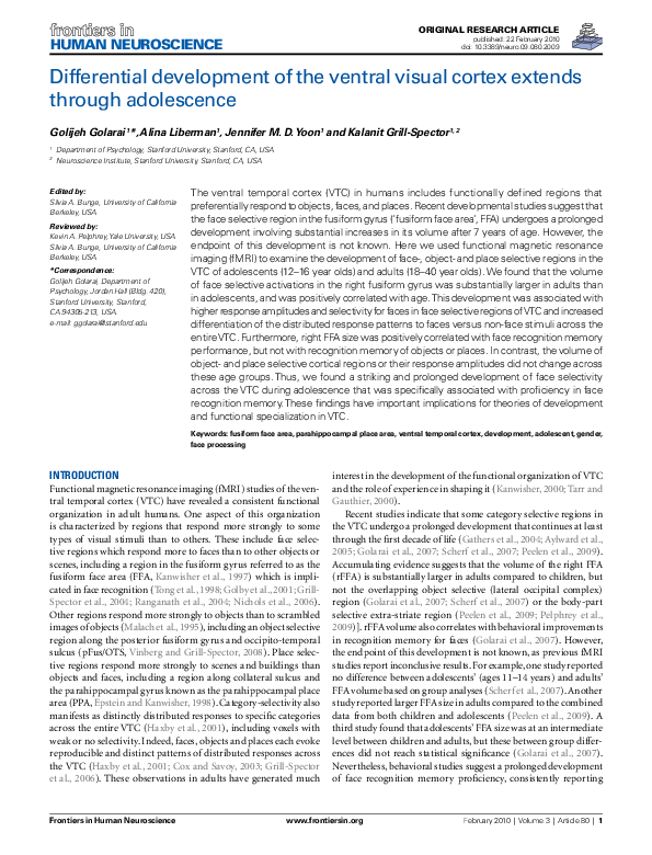 (PDF) Differential development of the ventral visual cortex extends through adolescence ...