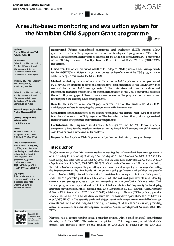 (PDF) A results-based monitoring and evaluation system for the Namibian Child Support Grant ...