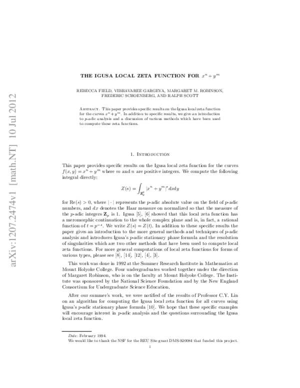 (PDF) The Igusa local zeta function for $x^n+y^m$