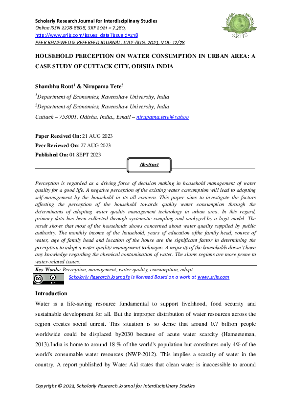 (PDF) Household Perception on Water Consumption in Urban Area: A Case ...