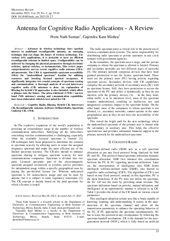 (PDF) Antenna for Cognitive Radio Applications — A Review