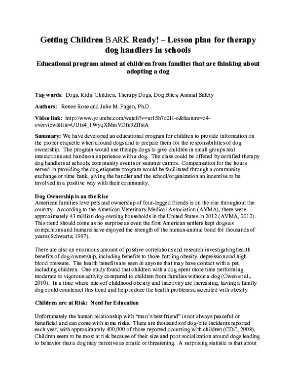 (PDF) Getting Children BARK Ready! : lesson plan for therapy dog ...