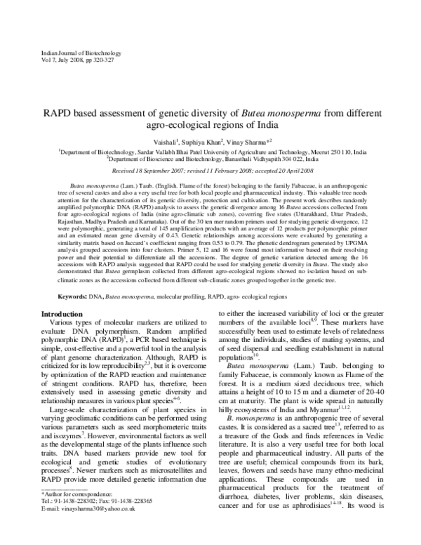 (PDF) RAPD based assessment of genetic diversity of Butea monosperma from different agro ...