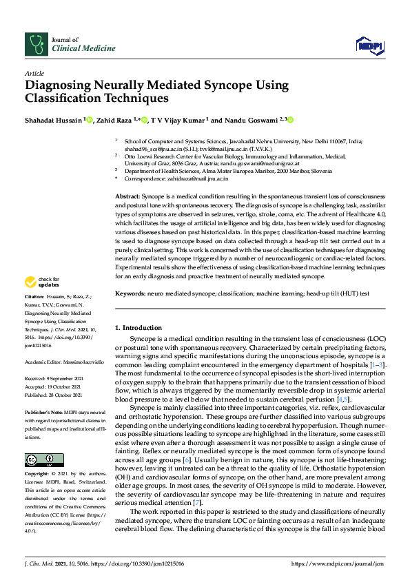 Pdf Diagnosing Neurally Mediated Syncope Using Classification Techniques