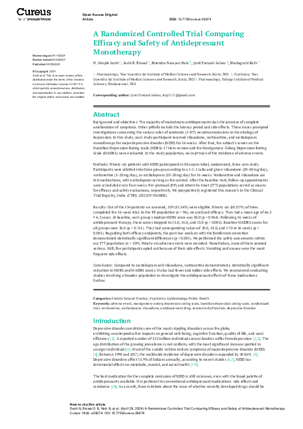 (PDF) A Randomized Controlled Trial Comparing Efficacy and Safety of Antidepressant Monotherapy