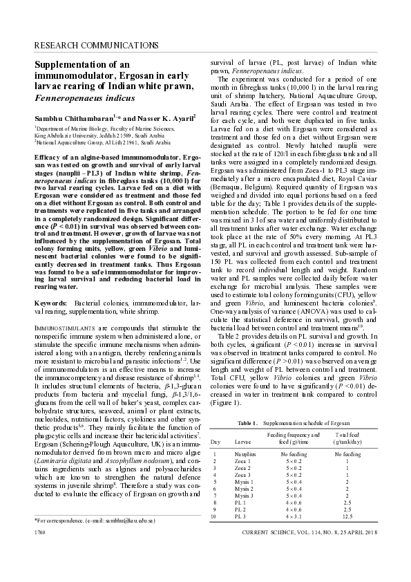 (PDF) Supplementation of an Immunomodulator, Ergosan in Early Larvae ...