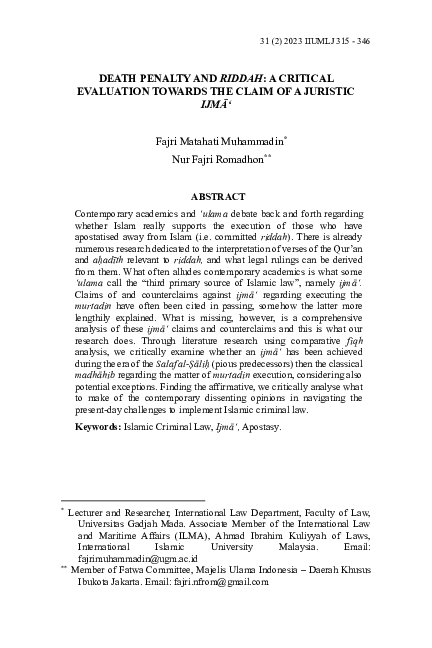 (PDF) Death Penalty and Riddah: A Critical Evaluation Towards the Claim ...