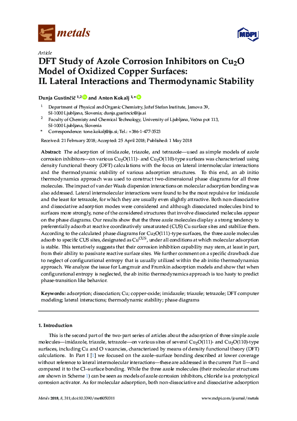 (PDF) DFT Study of Azole Corrosion Inhibitors on Cu2O Model of Oxidized ...