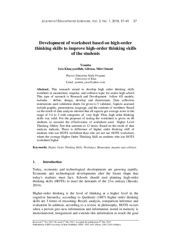 (PDF) Development of worksheet based on high-order thinking skills to ...
