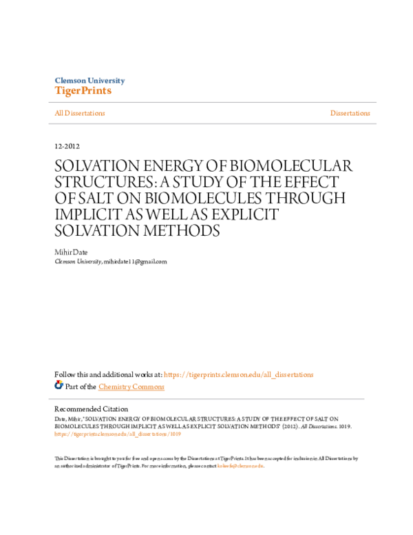 (PDF) Solvation Energy of Biomolecular Structures: A Study of the Effect of Salt on Biomolecules ...