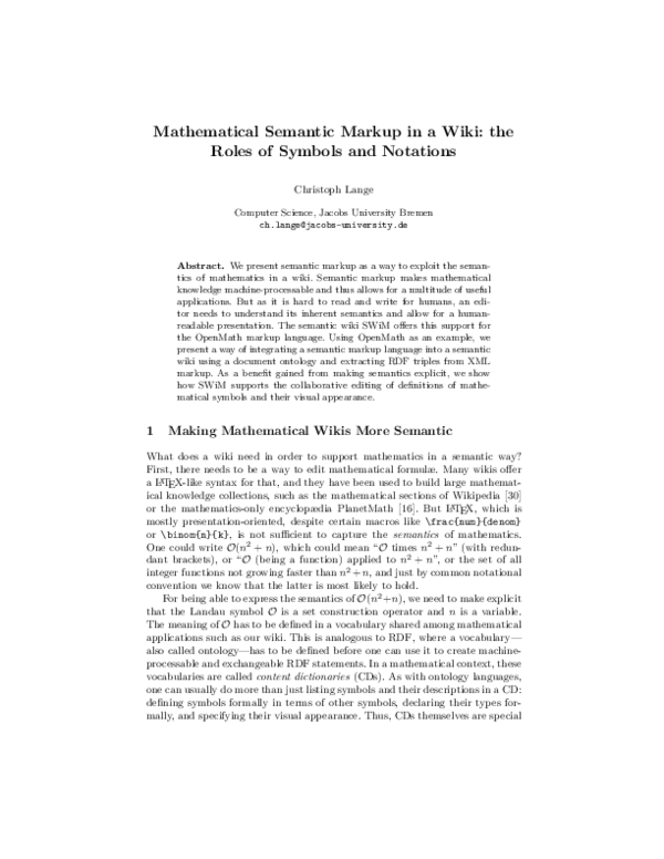 (PDF) Mathematical semantic markup in a wiki: The roles of symbols and ...