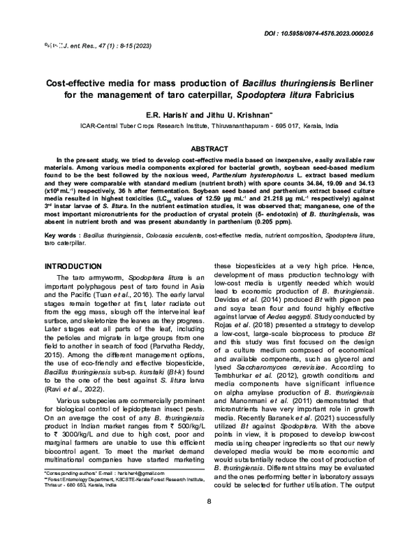 (PDF) Cost-effective media for mass production of Bacillus thuringiensis Berliner for the ...