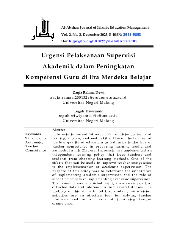 (PDF) Urgensi Pelaksanaan Supervisi Akademik dalam Peningkatan Kompetensi Guru di Era Merdeka ...