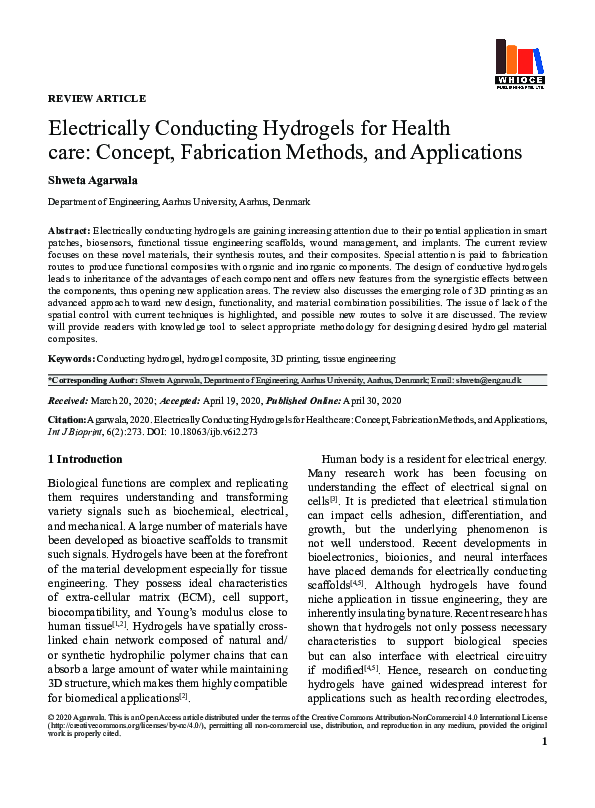 (PDF) Electrically Conducting Hydrogels for Health care: Concept, Fabrication Methods, and ...