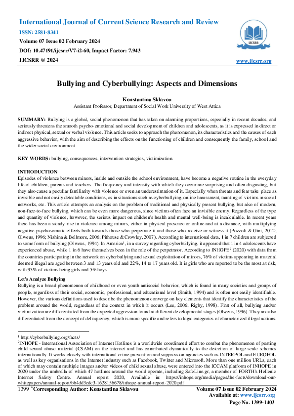 (PDF) Bullying and Cyberbullying: Aspects and Dimensions