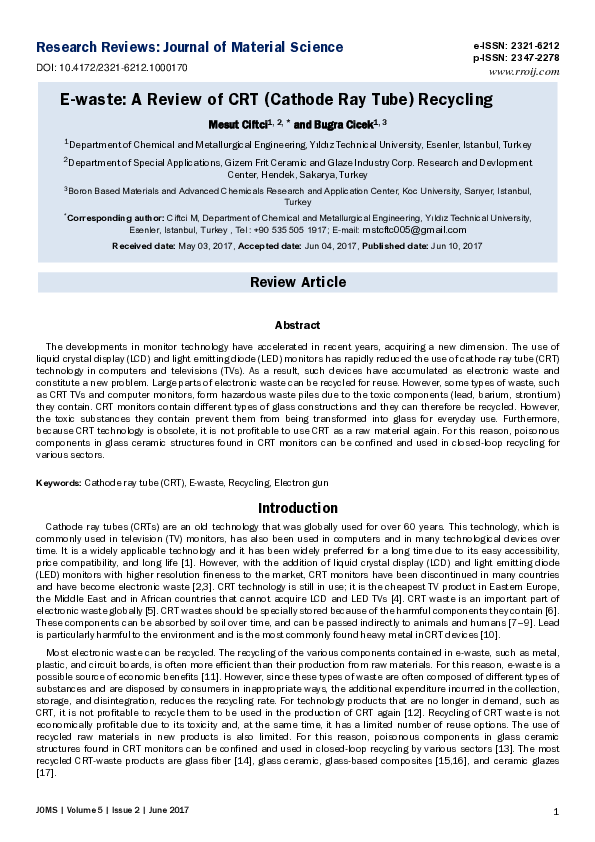 (PDF) E-waste: A Review of CRT (Cathode Ray Tube) Recycling