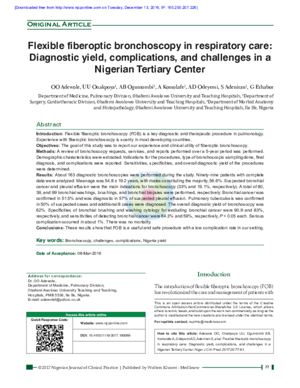 (PDF) Flexible fiberoptic bronchoscopy in respiratory care: Diagnostic ...