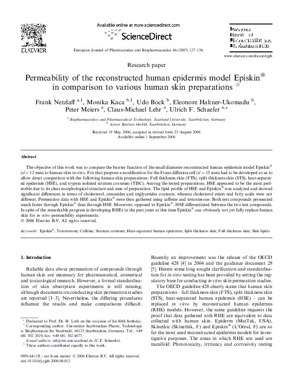 (PDF) Permeability of the reconstructed human epidermis model Episkin ...