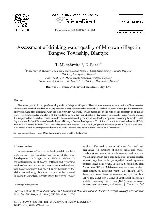 (PDF) Assessment of drinking water quality of Mtopwa village in Bangwe ...