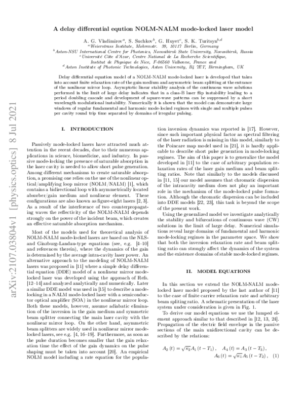 (PDF) A delay differential eqution NOLM-NALM mode-locked laser model