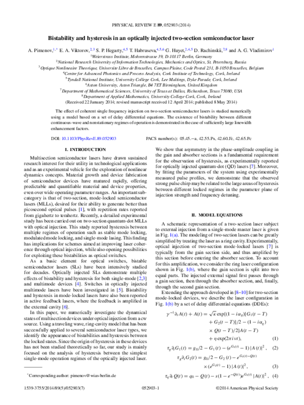 (PDF) Bistability and hysteresis in an optically injected two-section semiconductor laser