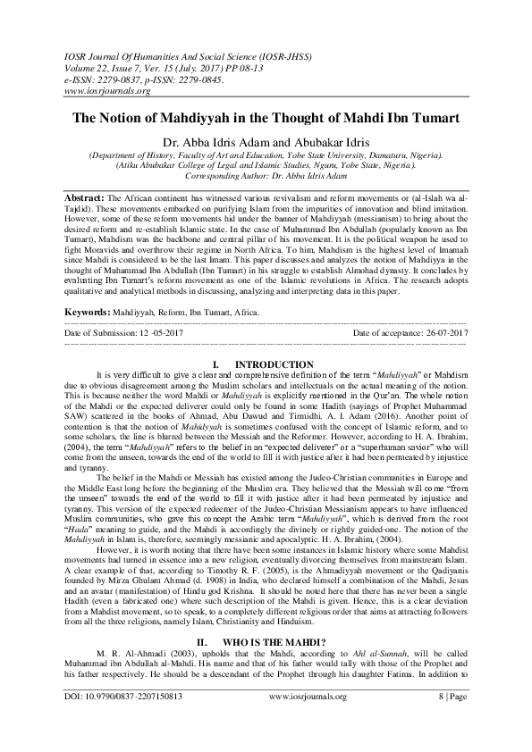 (PDF) The Notion of Mahdiyyah in the Thought of Mahdi Ibn Tumart