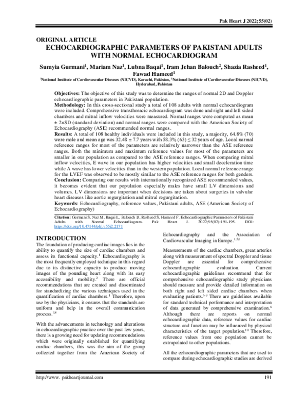(PDF) Echocardiographic Parameters of Pakistani Adults with Normal ...