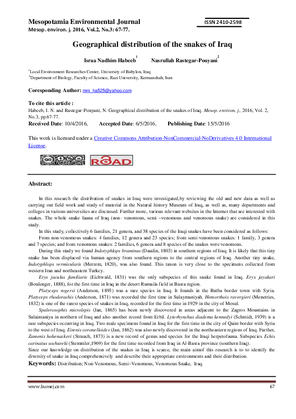 (PDF) Geographical distribution of the snakes of Iraq