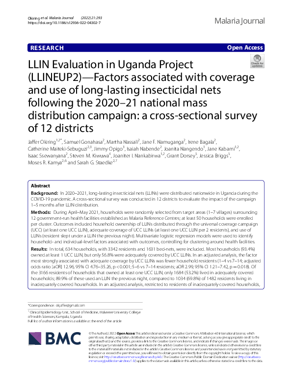 (PDF) LLIN Evaluation in Uganda Project (LLINEUP2)—Factors associated ...