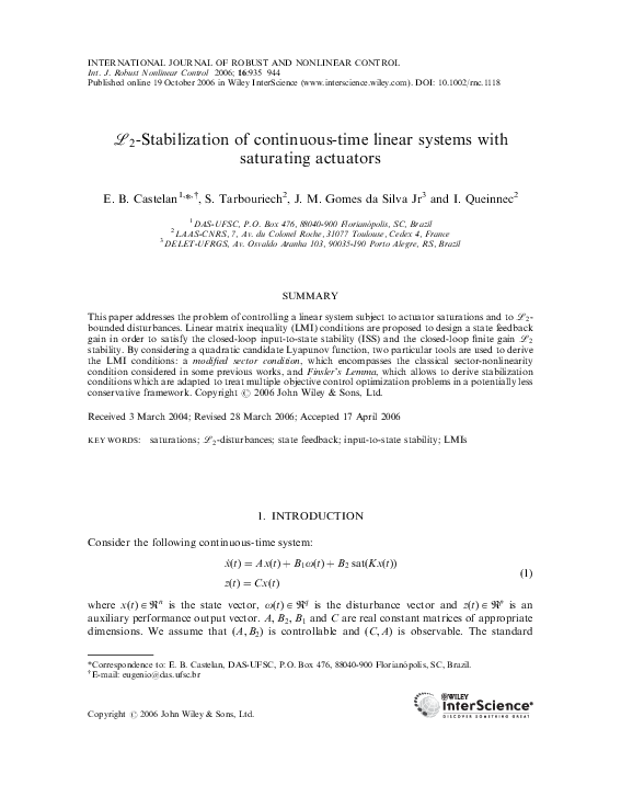 (PDF) L2-Stabilization of continuous-time linear systems with ...