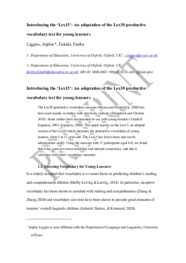 (PDF) Introducing the 'Lex15': An adaptation of the Lex30 productive ...