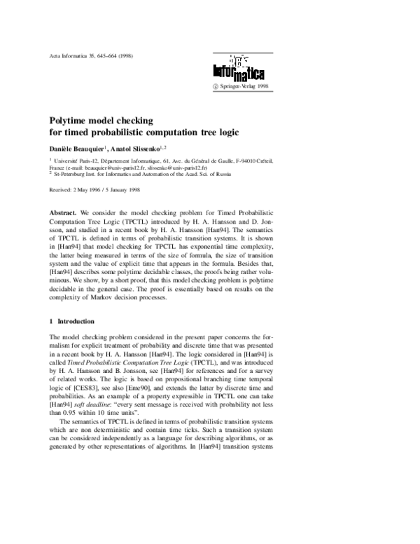 (PDF) Polytime Decidability of Model Checking Timed Probabilistic CTL