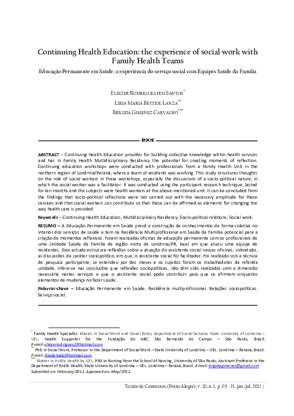 (PDF) 01. Continuing Health Education: the experience of social work with Family Health Teams