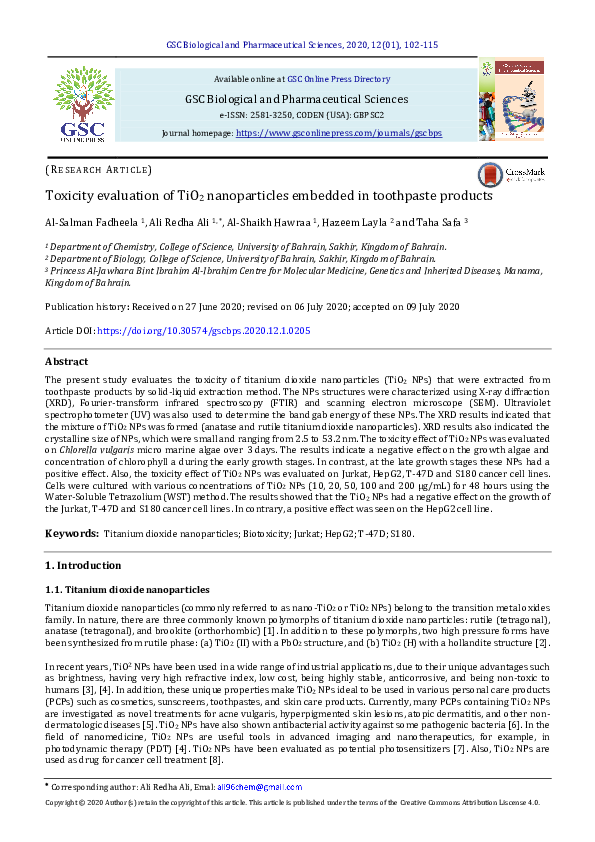 (PDF) Toxicity evaluation of TiO2 nanoparticles embedded in toothpaste ...