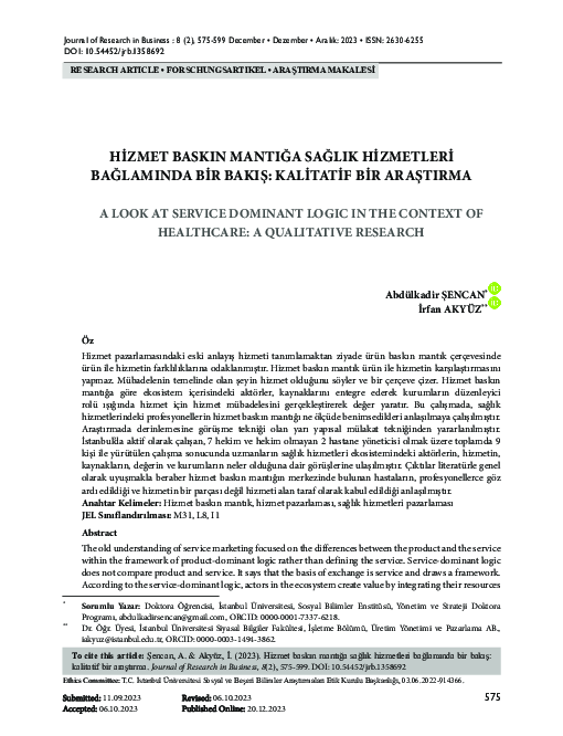 (PDF) HİZMET BASKIN MANTIĞA SAĞLIK HİZMETLERİ BAĞLAMINDA BİR BAKIŞ ...