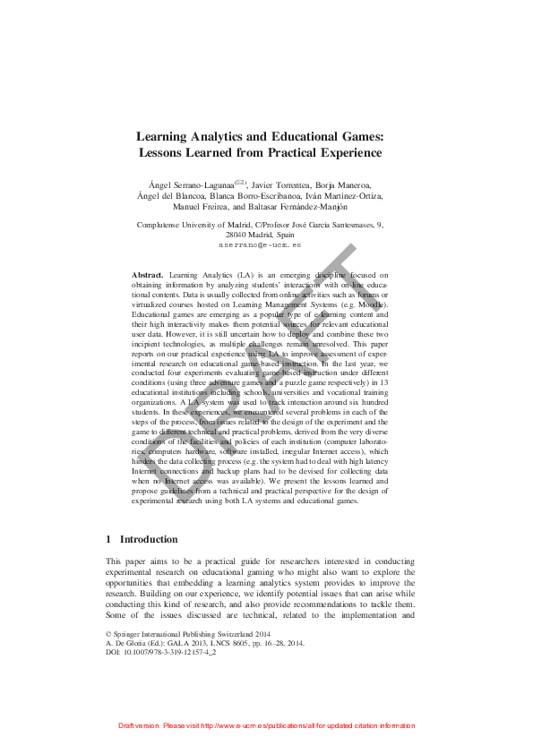 (PDF) Learning Analytics and Educational Games: Lessons Learned from Practical Experience