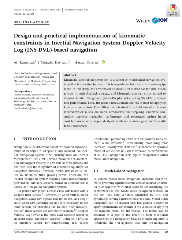 Pdf Design And Practical Implementation Of Kinematic Constraints In Inertial Navigation System