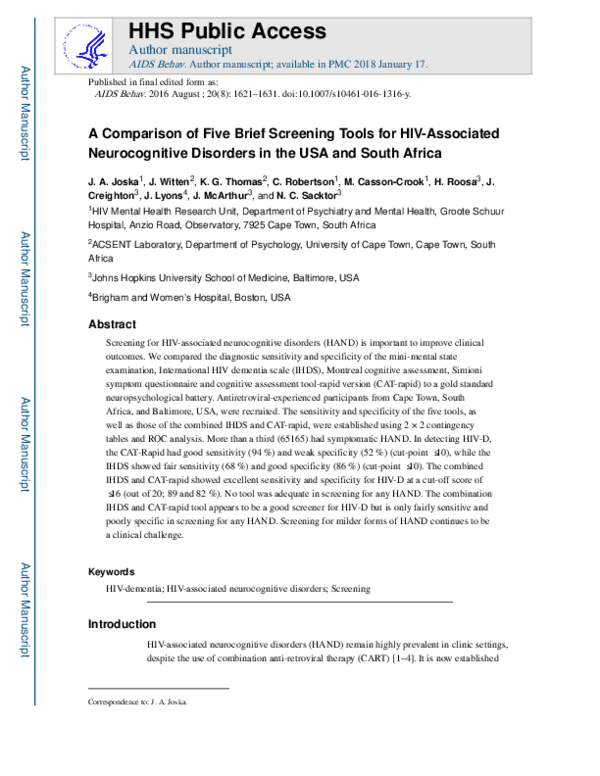 (PDF) A Comparison of Five Brief Screening Tools for HIV-Associated ...