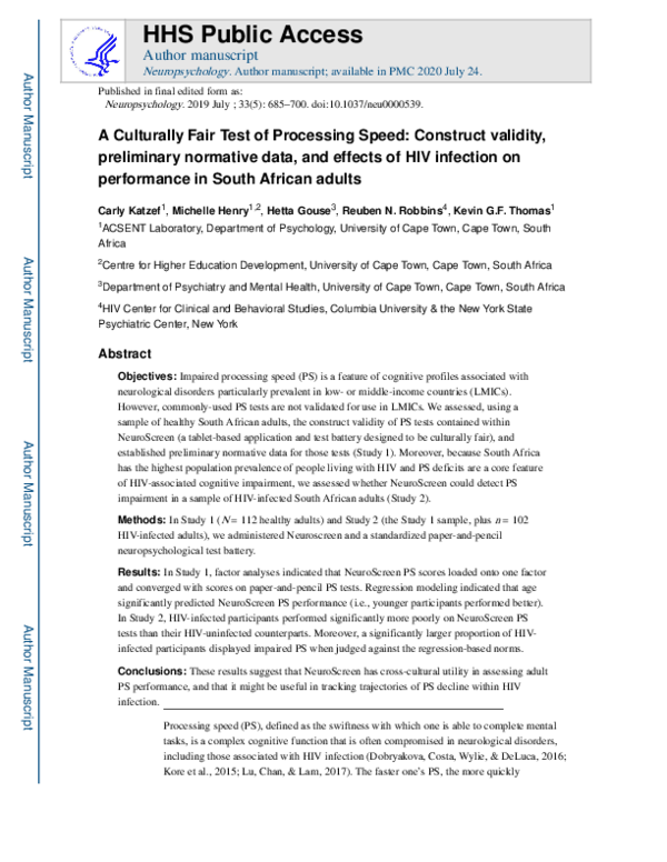 (PDF) A culturally fair test of processing speed: Construct validity ...