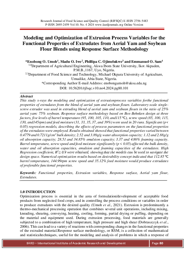 (PDF) Modeling and Optimization of Extrusion Process Variables for the Functional Properties of ...