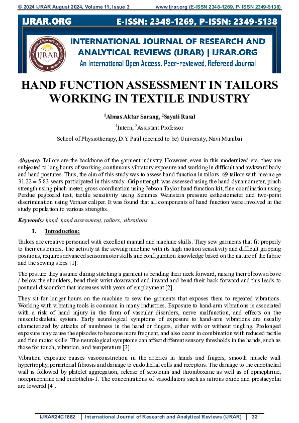 (PDF) HAND FUNCTION ASSESSMENT IN TAILORS WORKING IN TEXTILE INDUSTRY