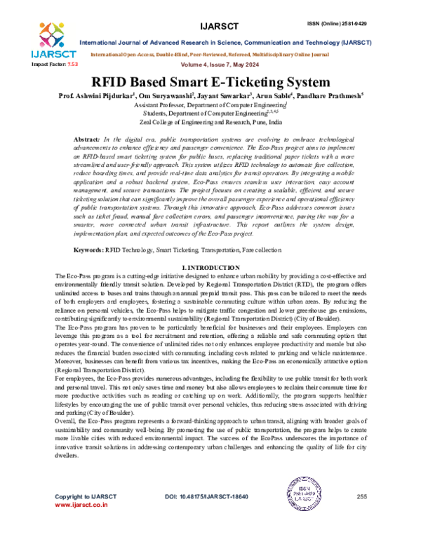 (PDF) RFID Based Smart E-Ticketing System
