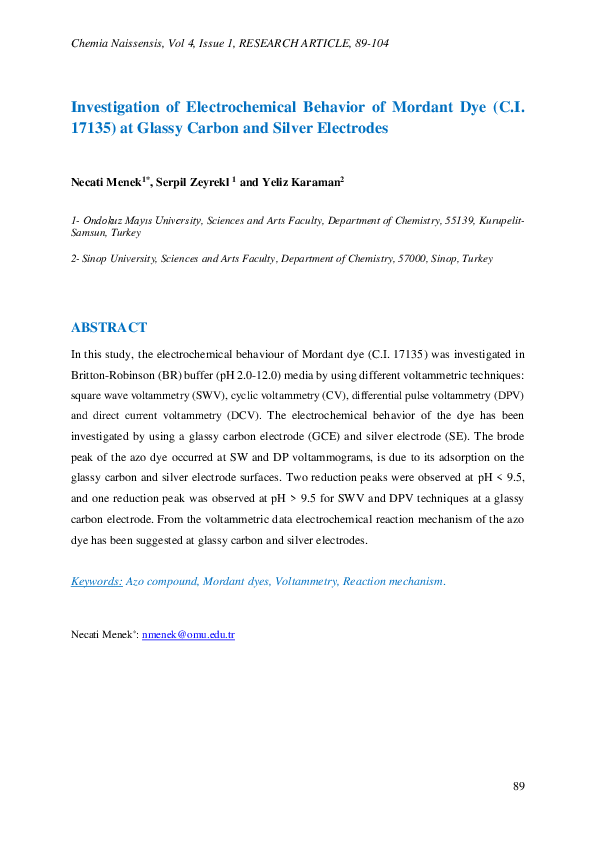 (PDF) Investigation of Electrochemical Behavior of Mordant Dye (C.I ...
