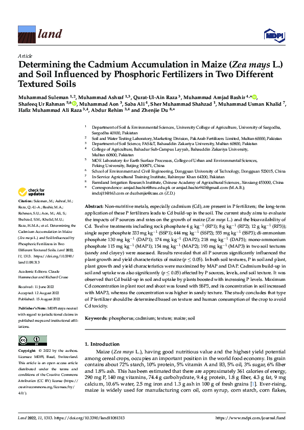 (PDF) Determining the Cadmium Accumulation in Maize (Zea mays L.) and Soil Influenced by ...