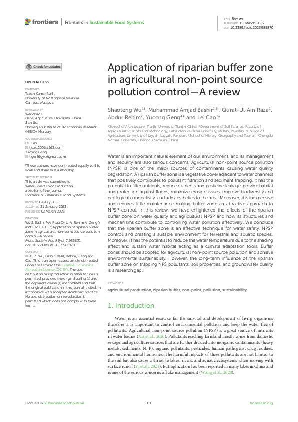 (PDF) Application of riparian buffer zone in agricultural non-point source pollution control—A ...
