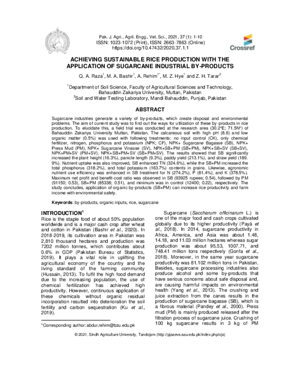 (PDF) Achieving Sustainable Rice Production with the Application of Sugarcane Industrial By-Products