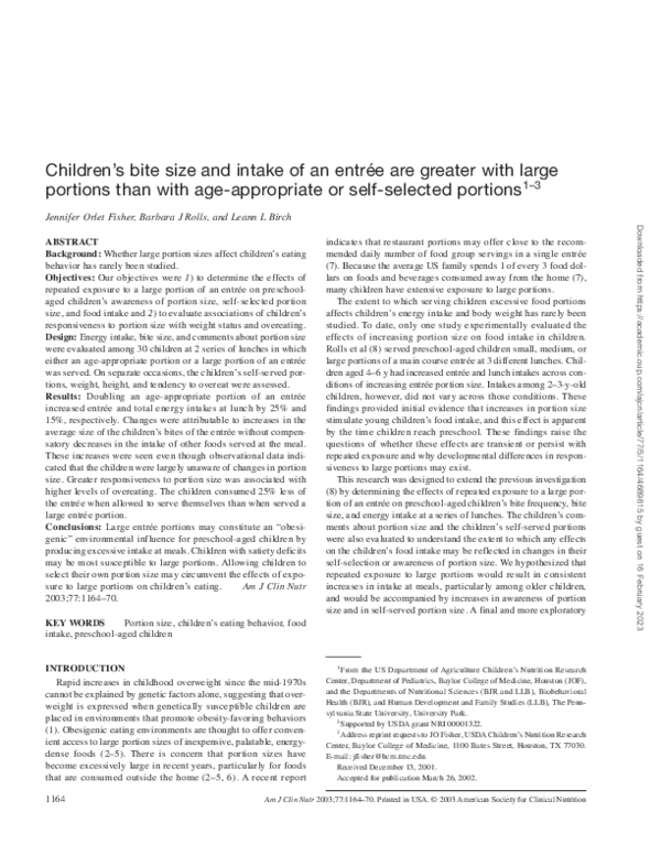 (PDF) Large Entrée Portions Increase Preschoolers' Intake and Bite Size